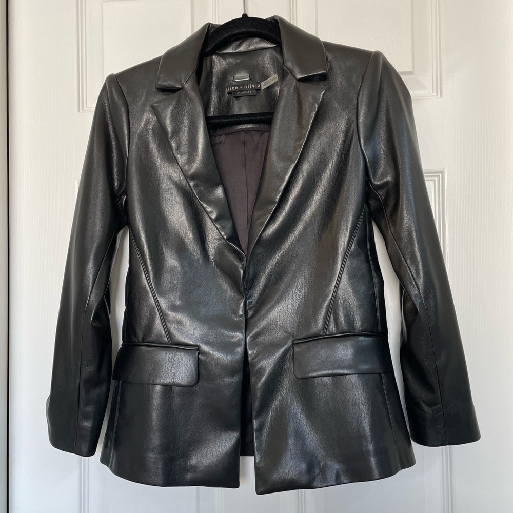 Alice Olivia Mya Flap Pocket Vegan Leather Blazer S… Gem